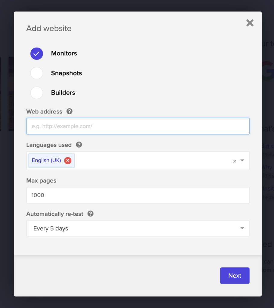 Silktide Snapshot Support » Adding a website